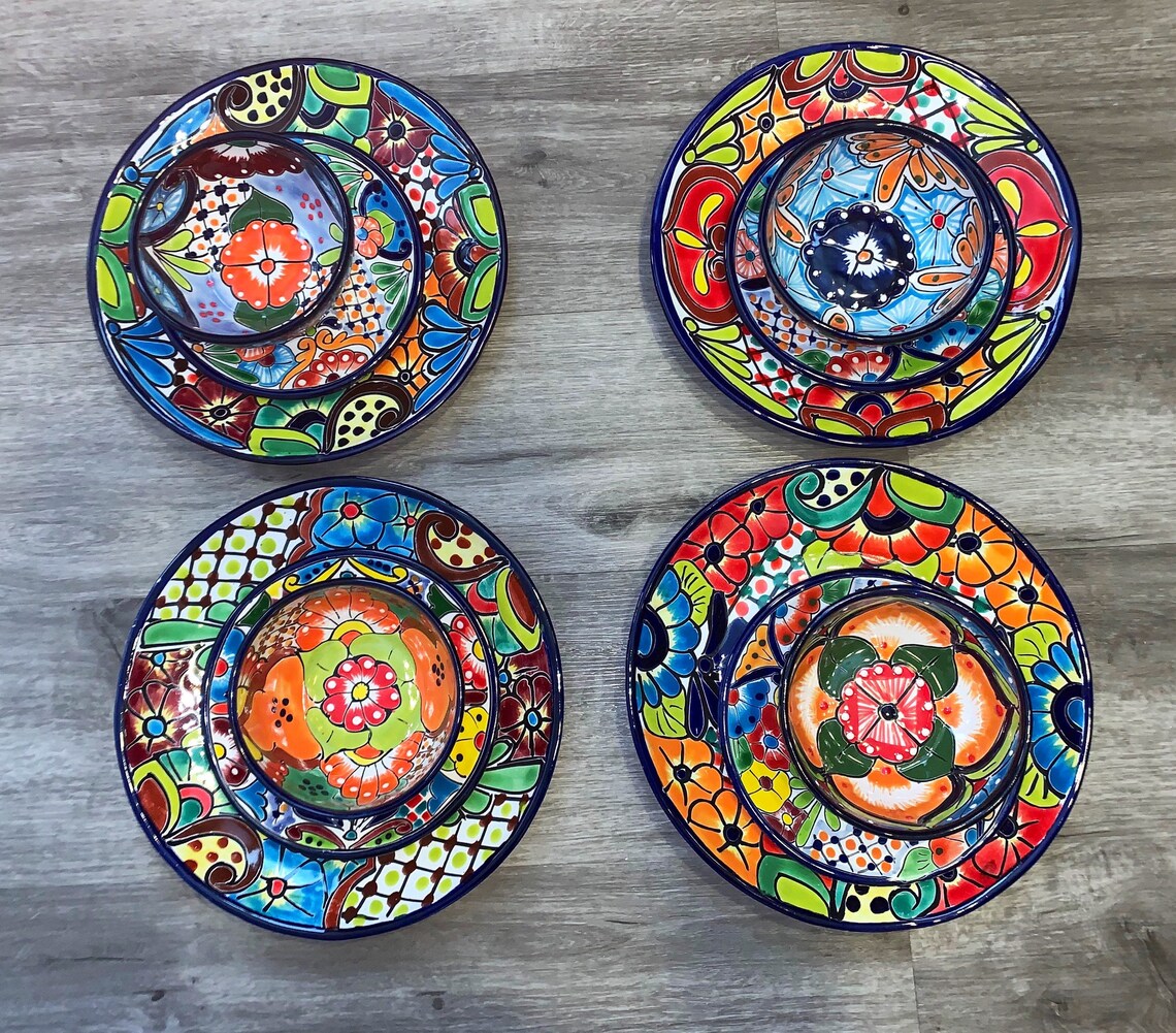 Handmade Mexican Talavera Dinnerware Set: Floral Dishes, Seating for 4 ...