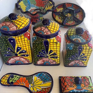 Talavera 5 Piece Set Blue Rim Multicolored Ceramic Matching 3 Canister ...