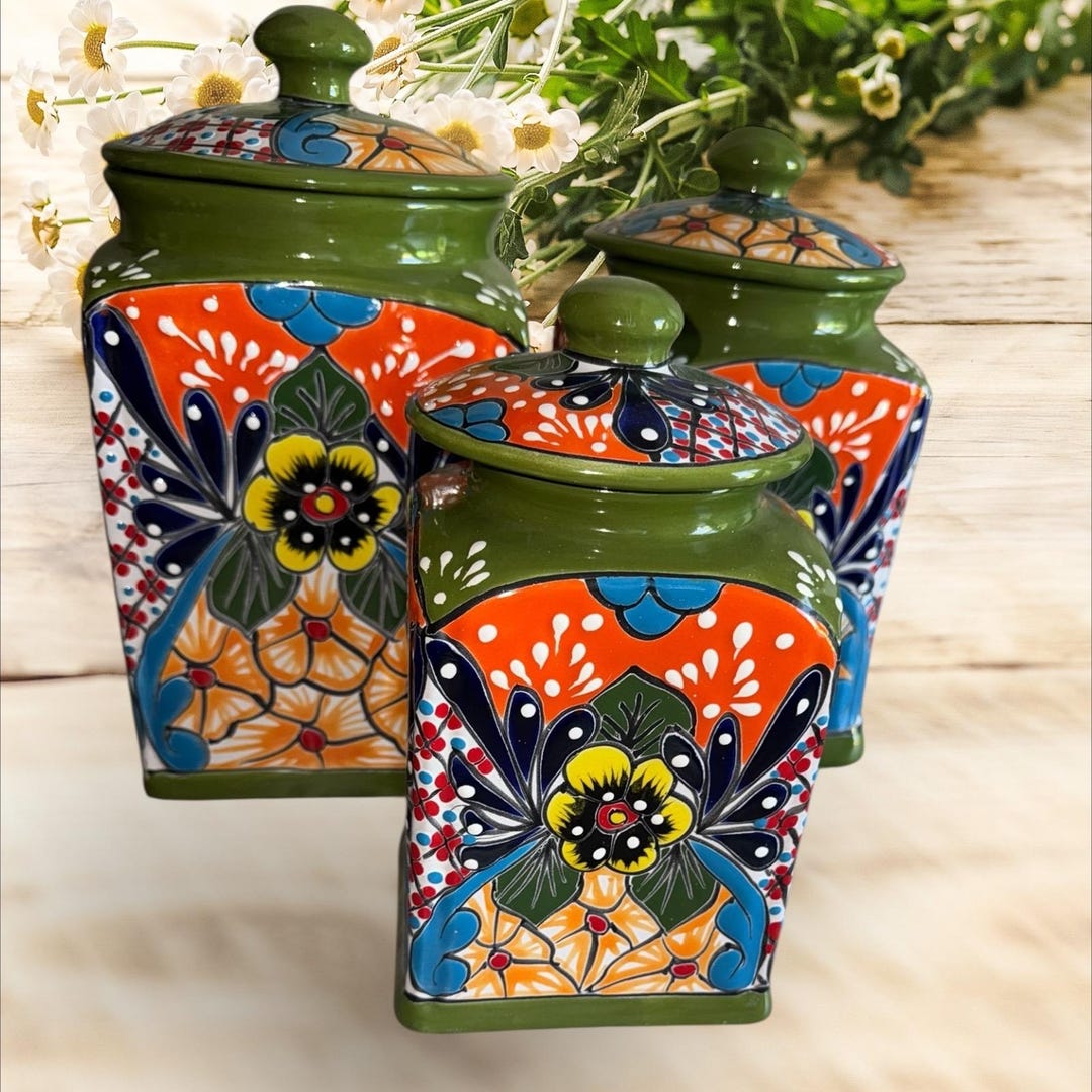 Talavera Canister Set of 3 Dark Green Floral Design Piece Handpainted ...