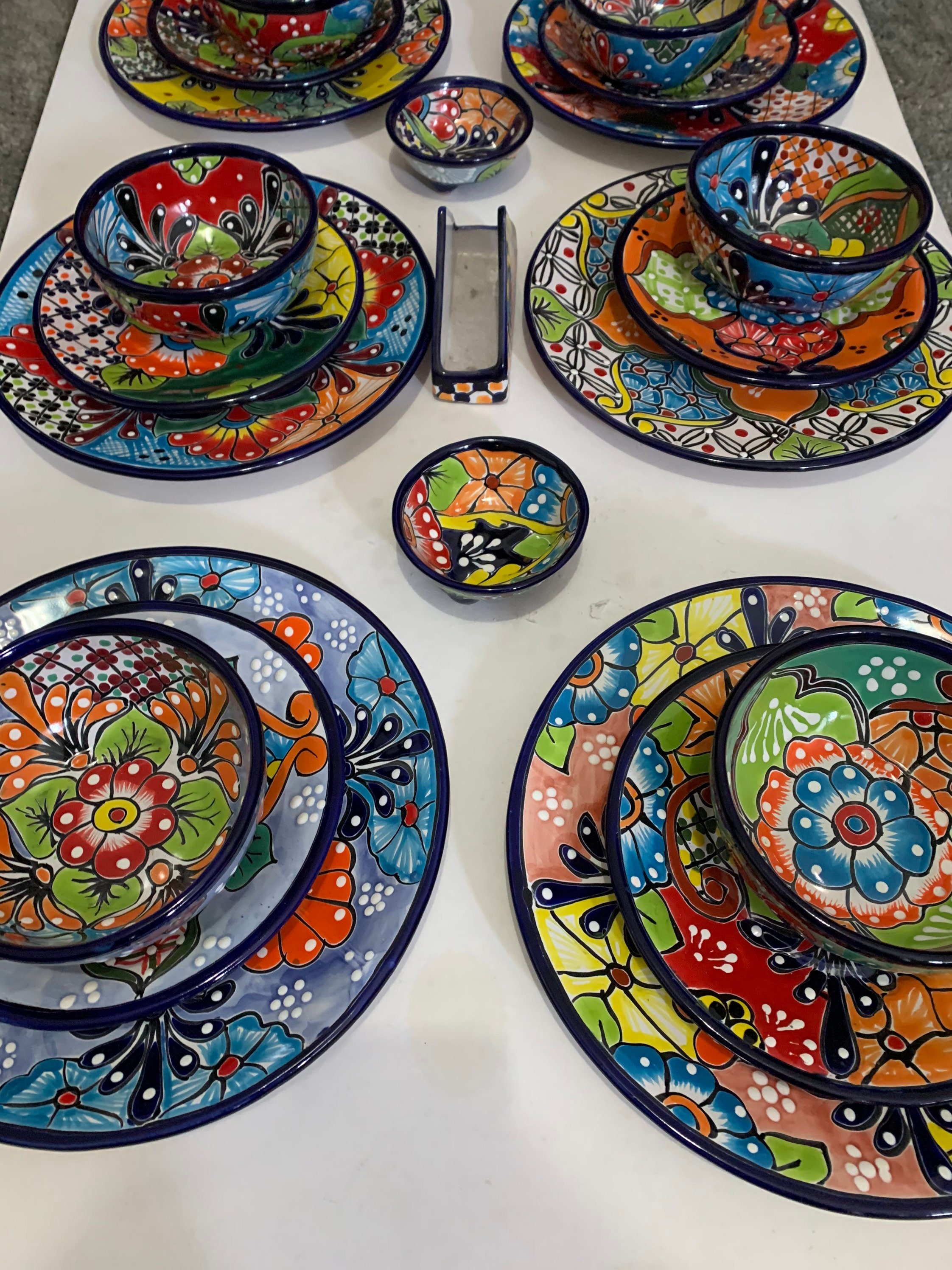 27-piece Mexican Talavera Dinnerware Set: Floral Dishes, Seating for 6 ...