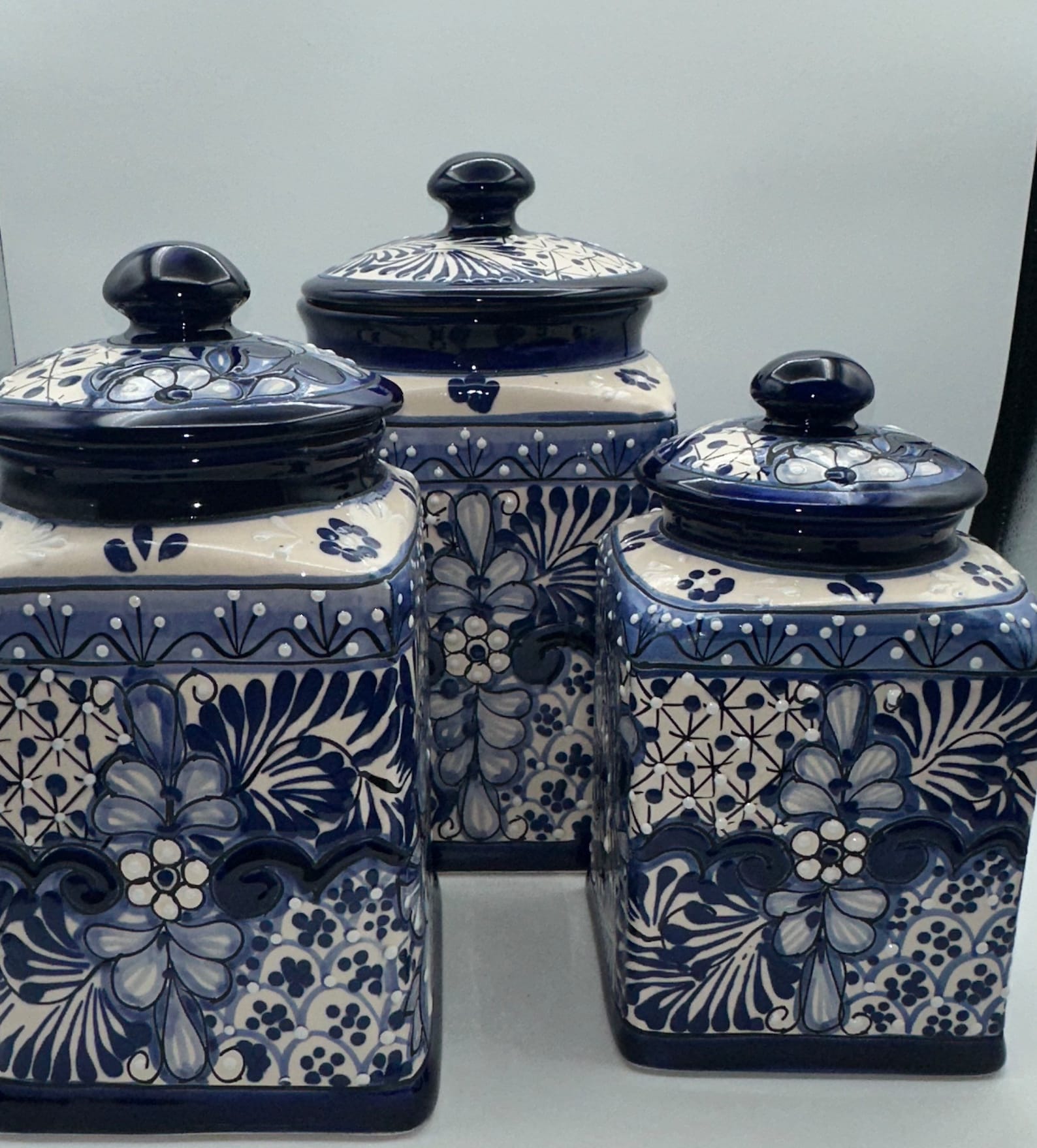 Talavera Set 3 Piece Canister Cobalt Blue and White Handcrafted Hand ...