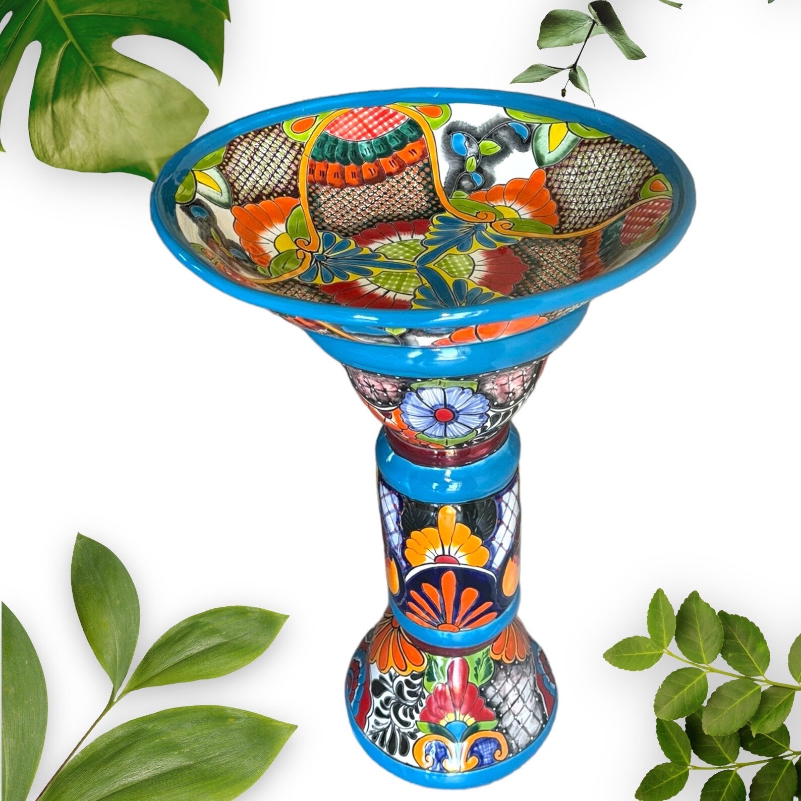 Talavera Pedestal Bird Bath Hand Painted Turquoise Blue and ...
