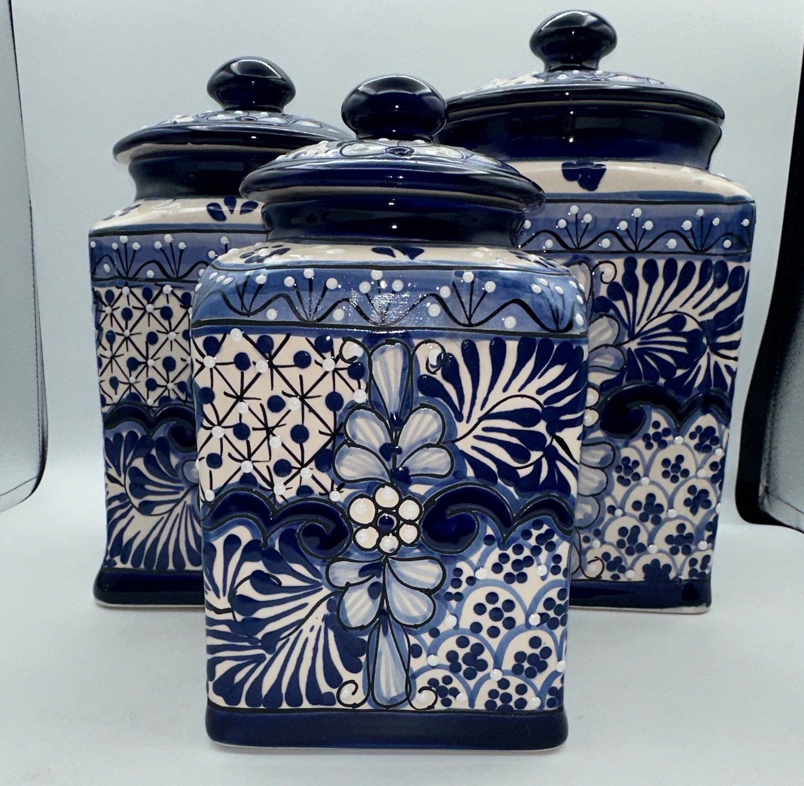 Talavera Set 3 Piece Canister Cobalt Blue and White Handcrafted Hand ...