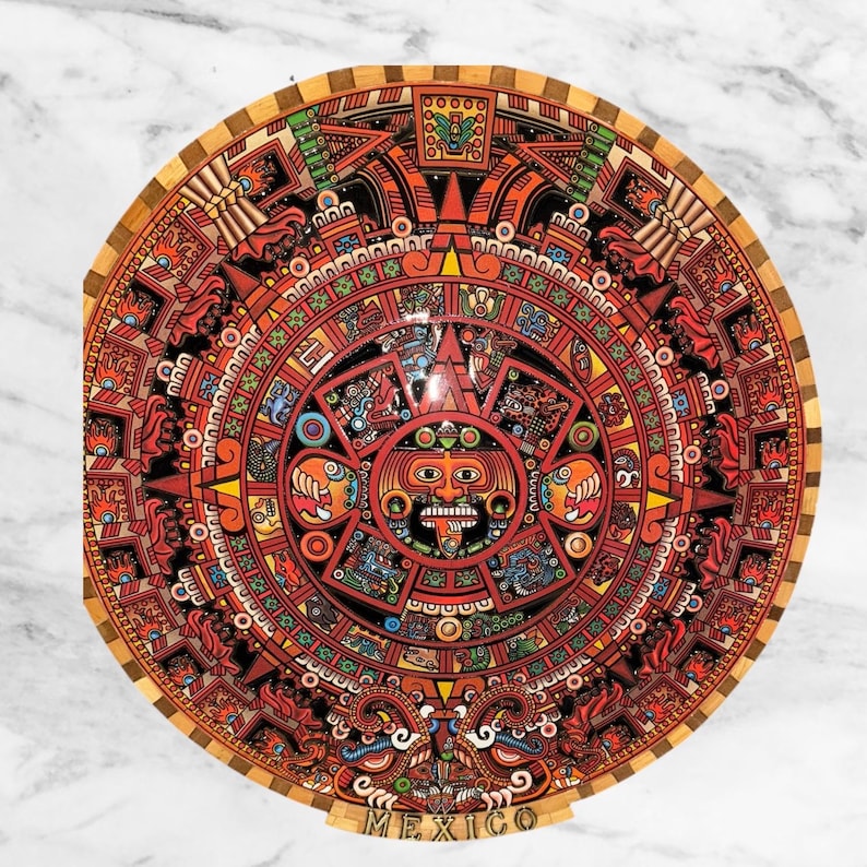 Handcrafted Colorful Aztec Calendar Wood Wall Art - Intricate Mexican ...