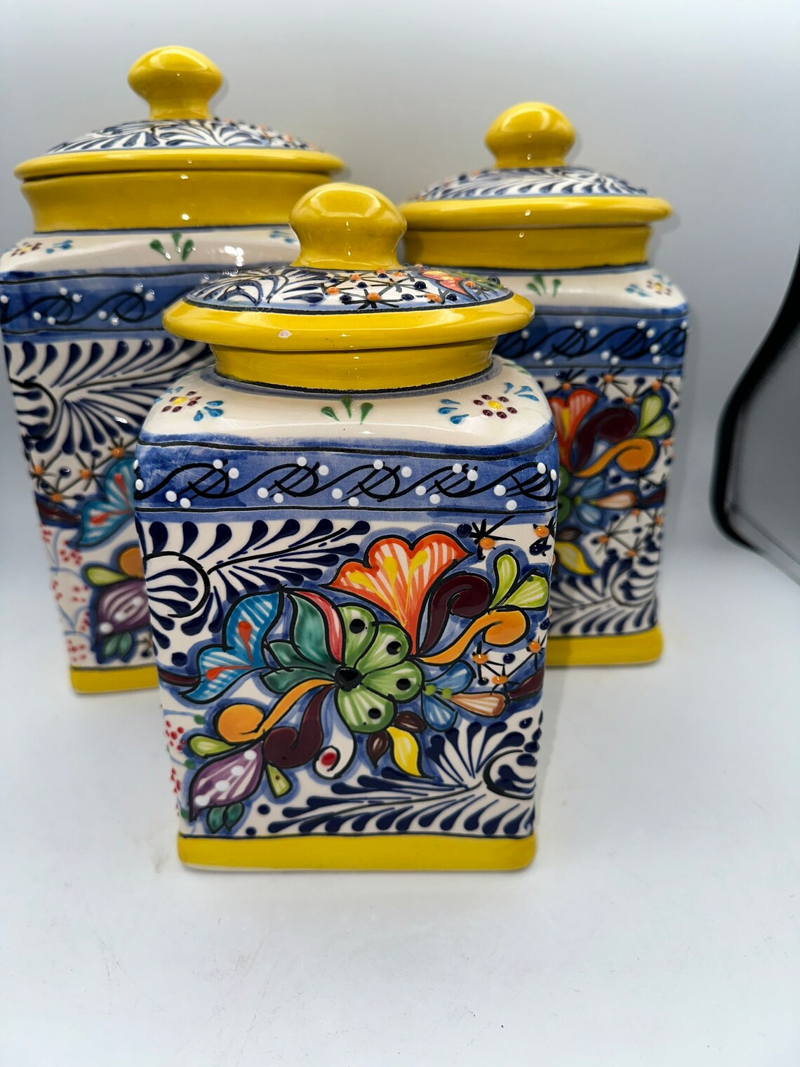 Handcrafted Talavera Canister Set: Yellow & Blue Floral, Mexican ...
