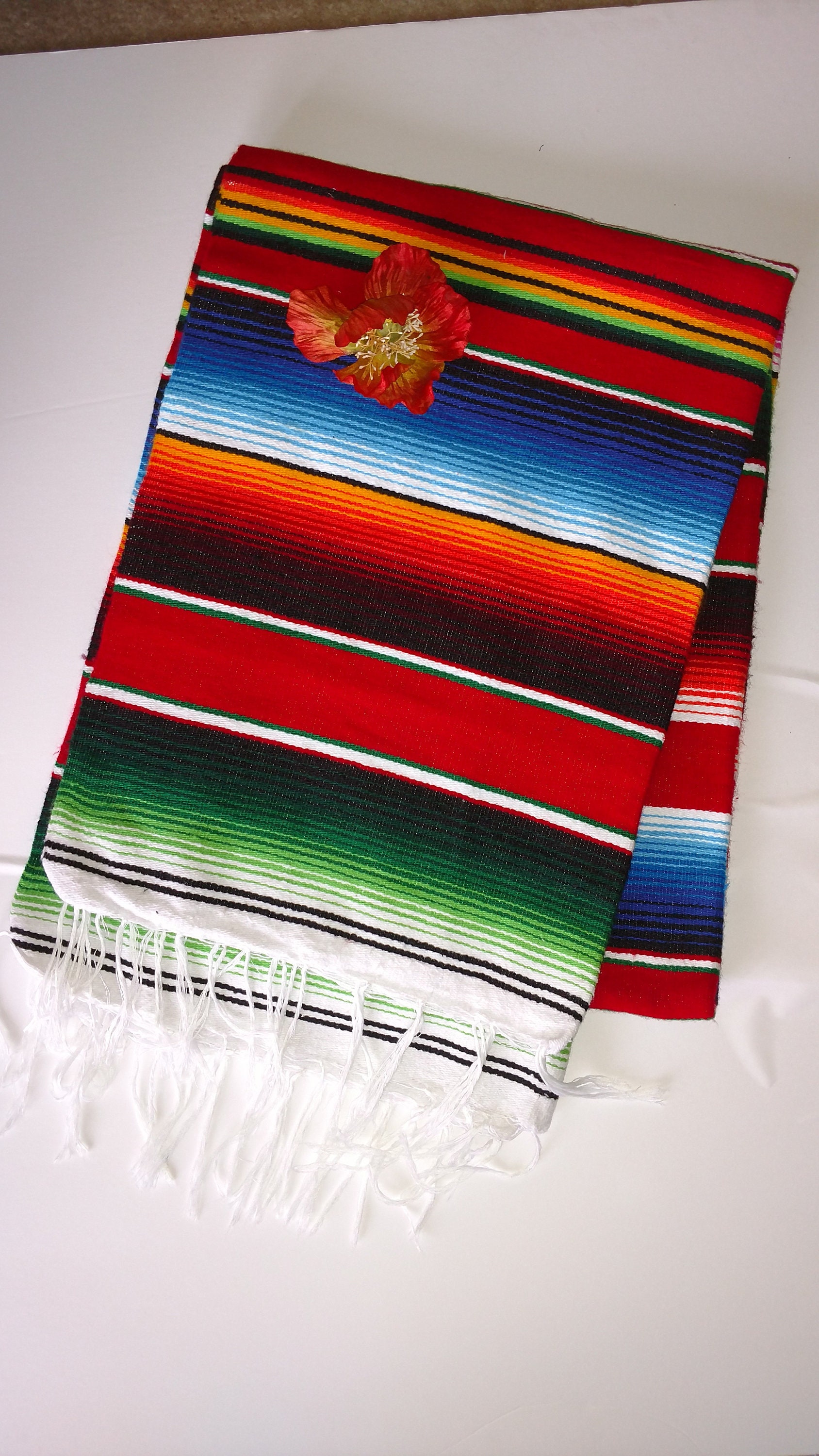 Serape Blanket: Red Multicolored Striped Falsa Blanket Handmade Mexican ...