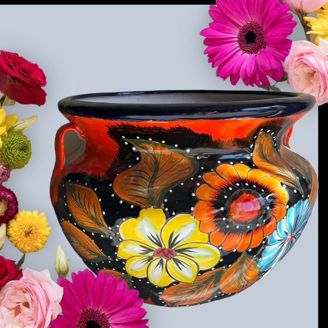 Talavera Flower Extra Large Planters Black Rim Multicolored is ...