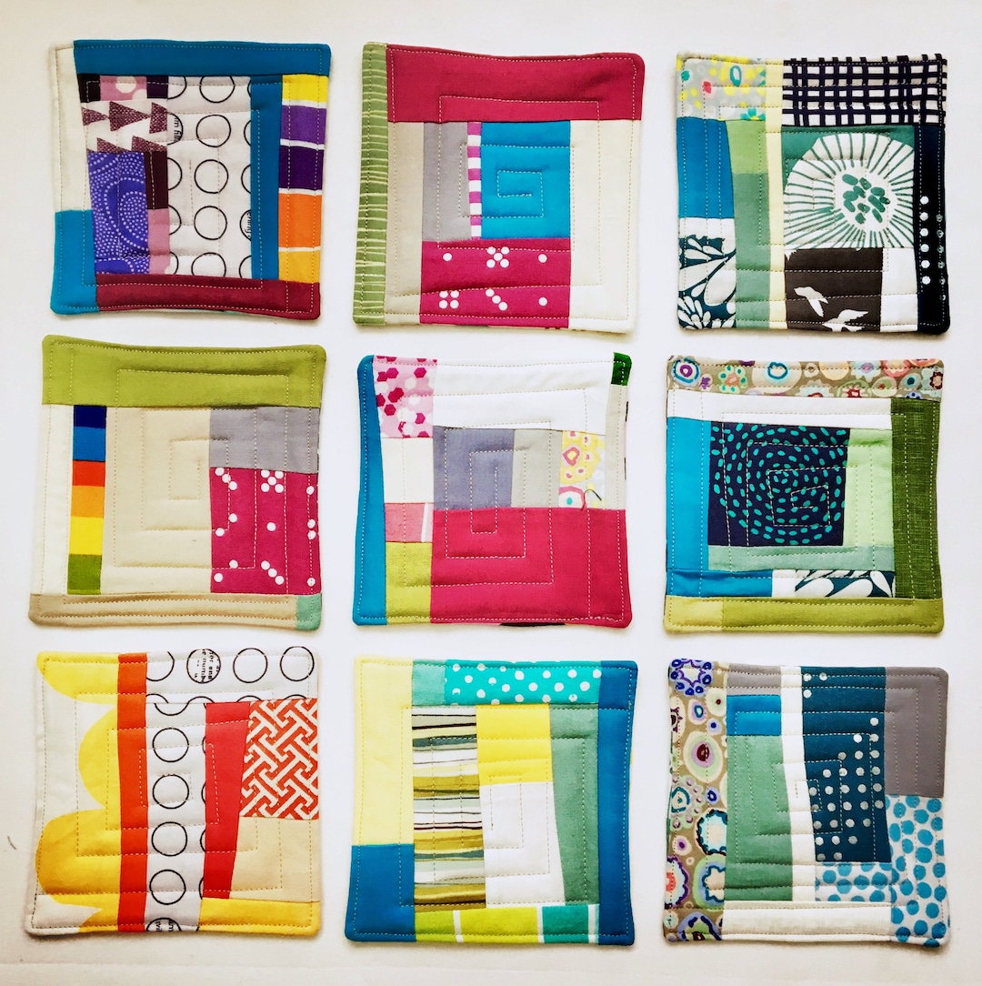 Mini Modern Quilt Coasters; Upcycled Scrap Quilt; Abstract, Geometric ...