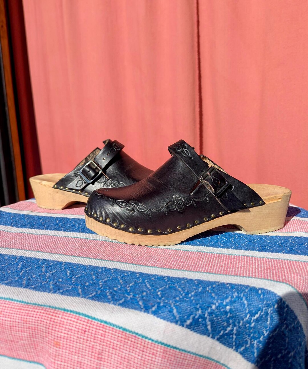 Vintage Black Leather & Wood Clogs – UK 5, EU 39 – Floral Embossing - Etsy