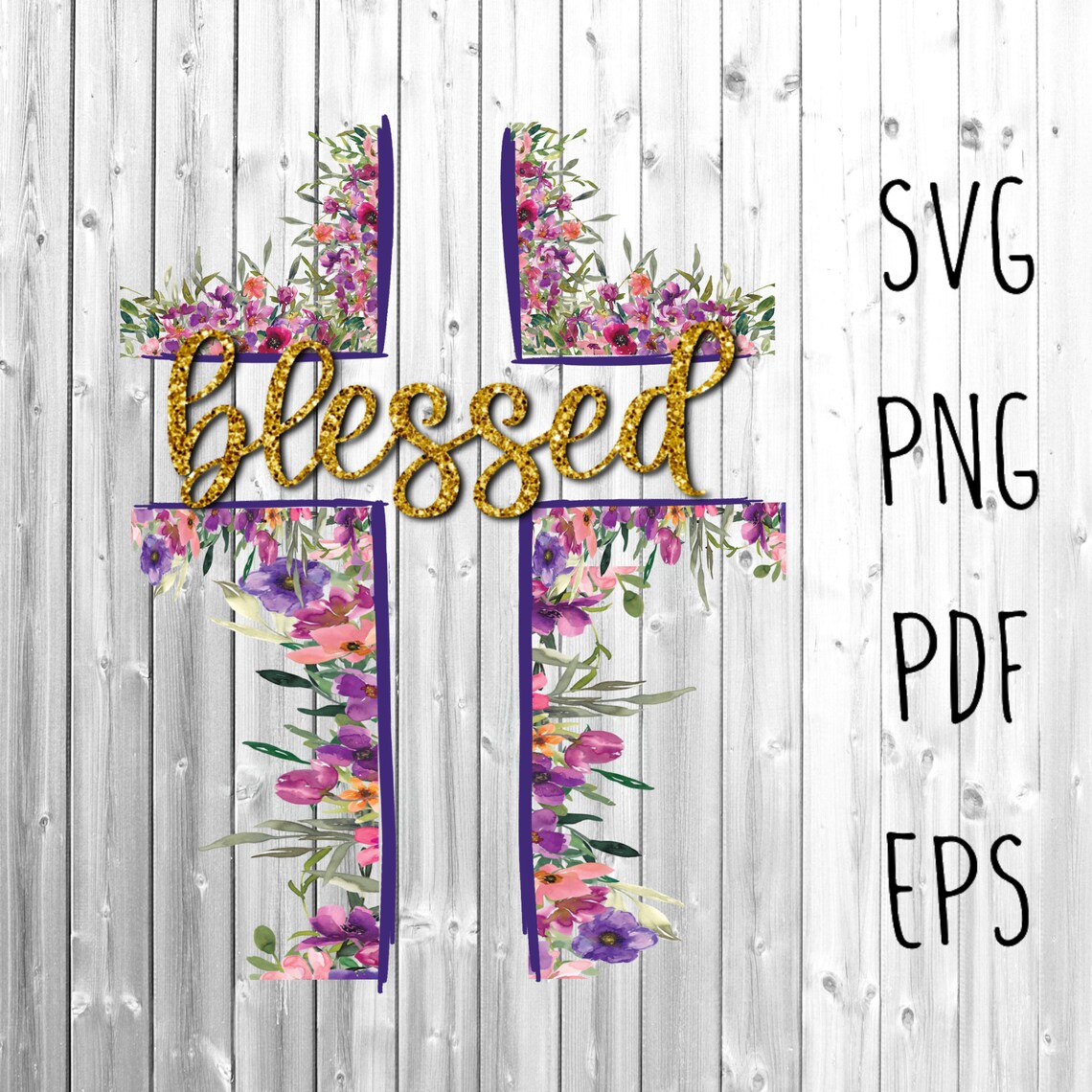 Blessed With Floral Cross Printable Image Digital PNG - Etsy