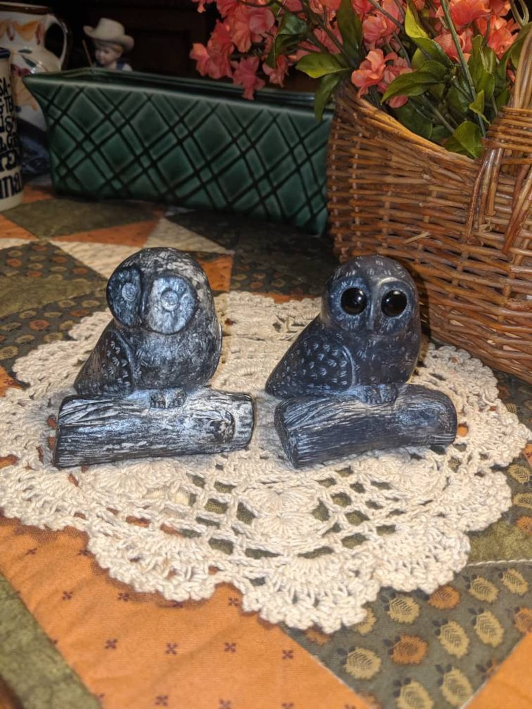 A Pair of Vintage Cast Owls Sitting on Branches Figurines Made by the ...