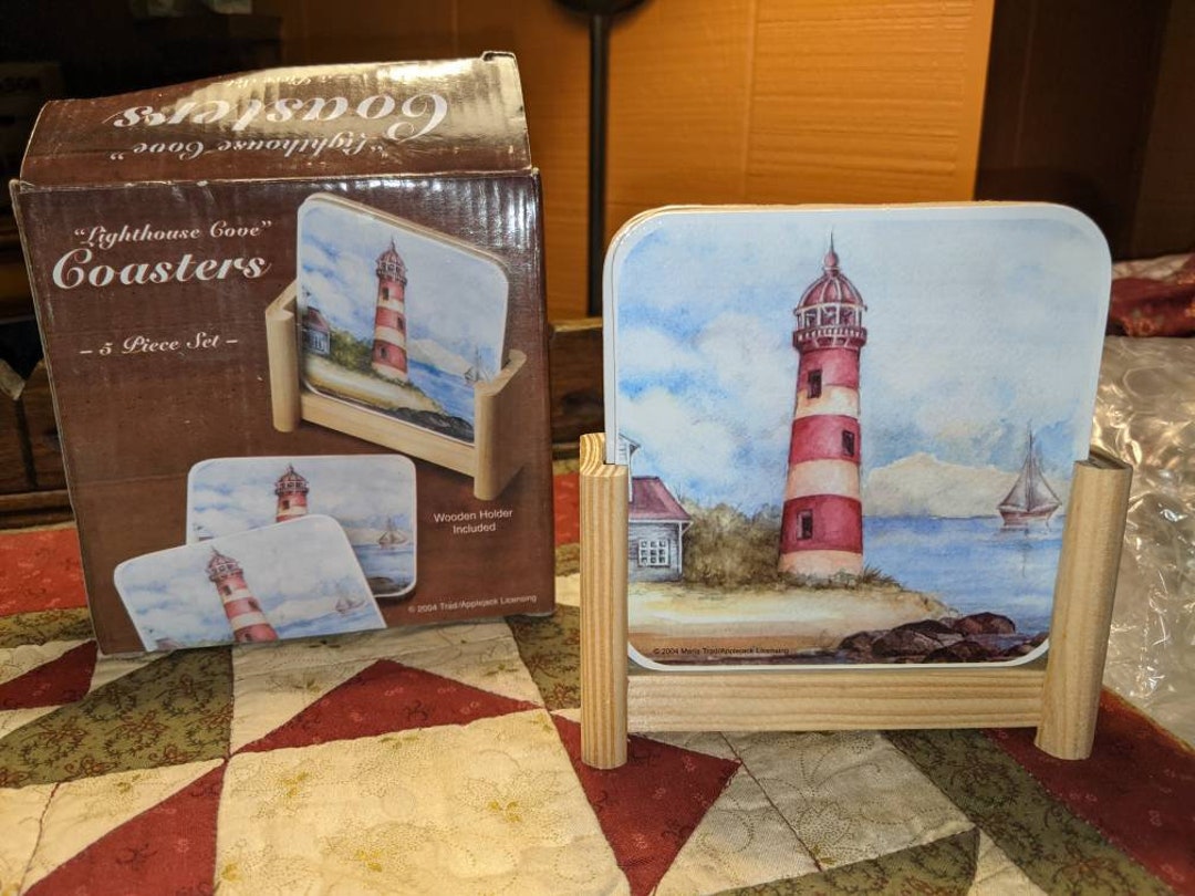 Set of 4 " Lighthouse Cove" Coasters With Holder. - Etsy