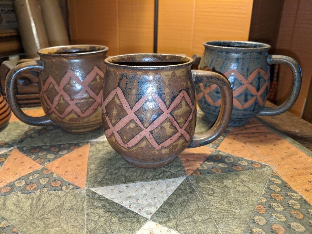 Vintage Set of 3 BOHO Style Stoneware Mixed Color Pattern Mugs. - Etsy