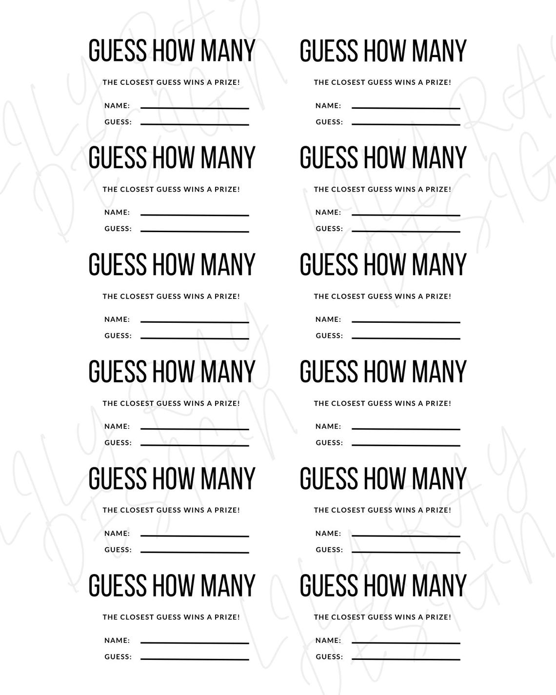 Guess How Many Game Slips | Baby Shower | Wedding | Birthday ...