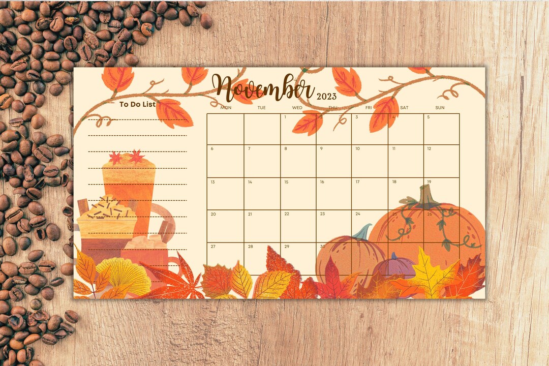 November 2023 Printable Calendar Page, Autumn Pumpkin Coffee Shop ...