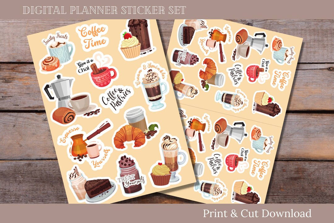 Printable Coffee Shop Digital Sticker Set Print and Cut Stickers for ...