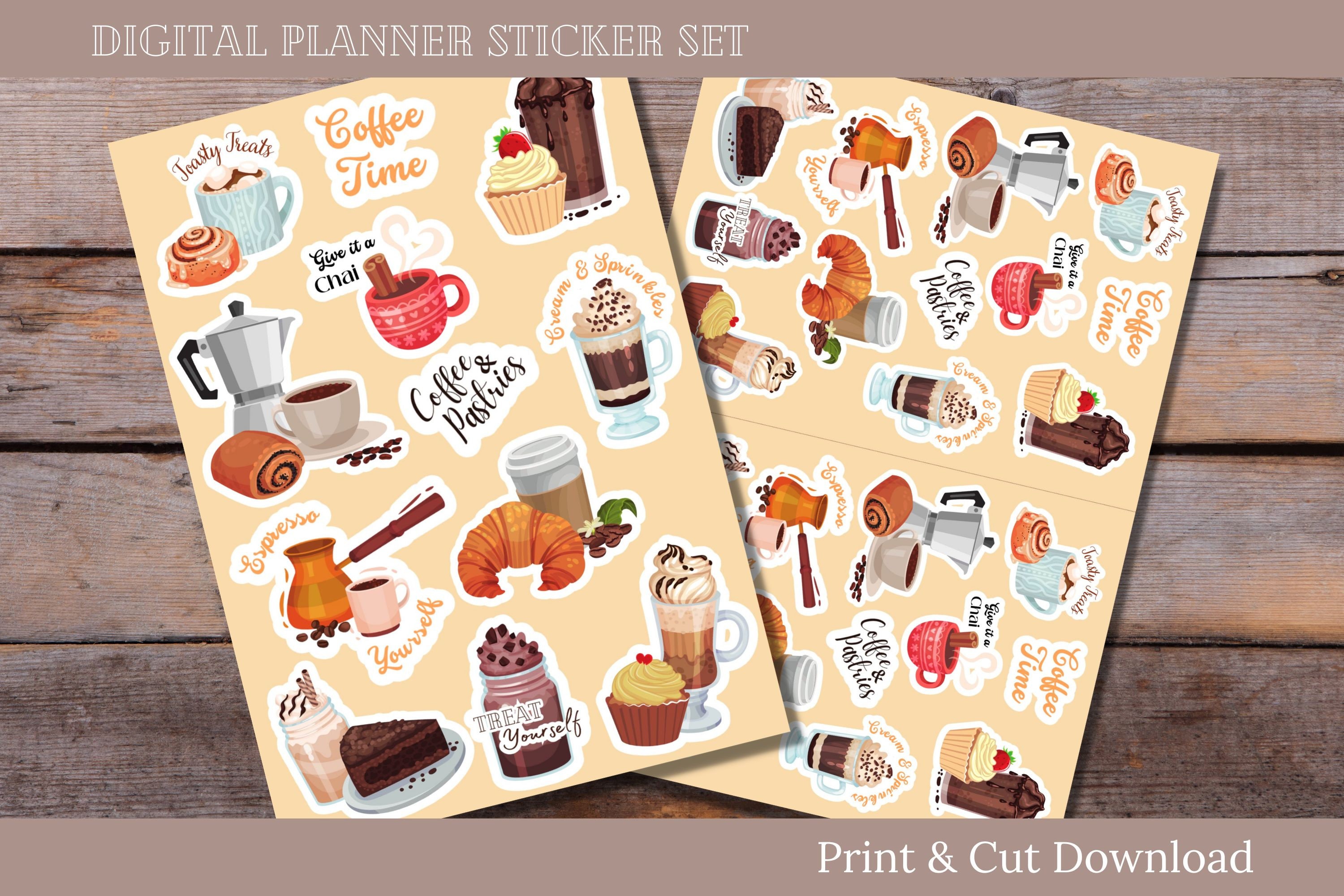 Printable Coffee Shop Digital Sticker Set Print and Cut Stickers for ...