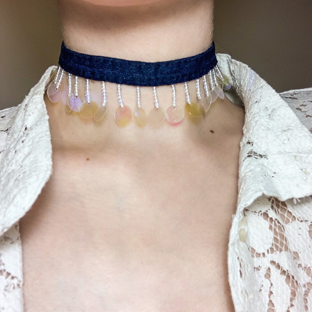 Holographic Sequin Choker, Necklace, Shiny, Pretty, Cute, Navy Blue ...