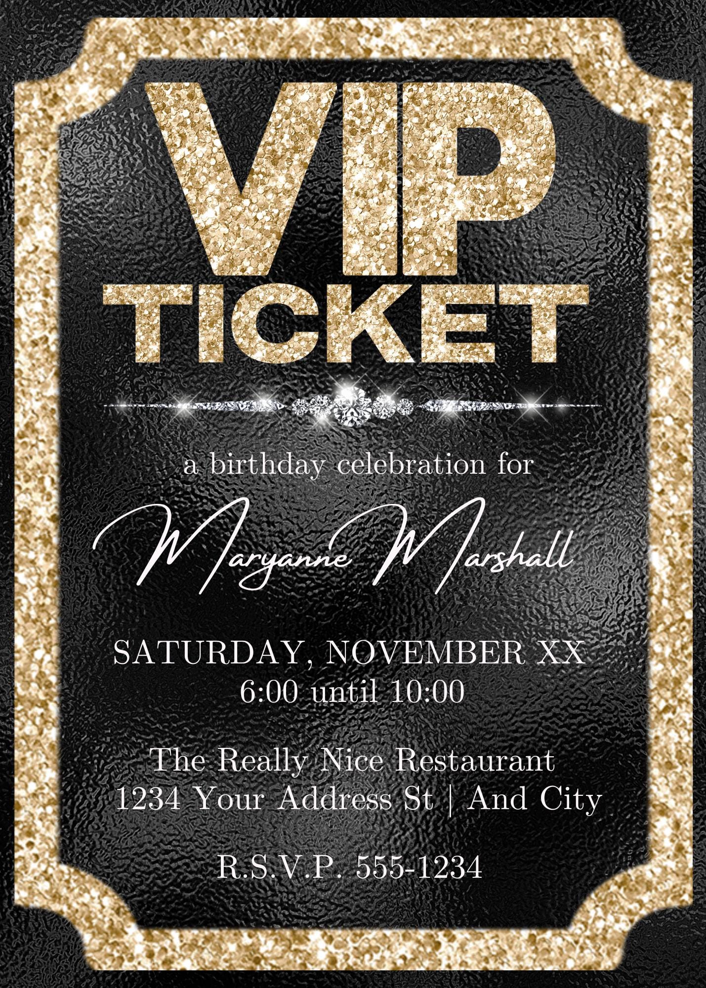 VIP Ticket Party Invitation on Black With Gold Glitter and Diamonds ...