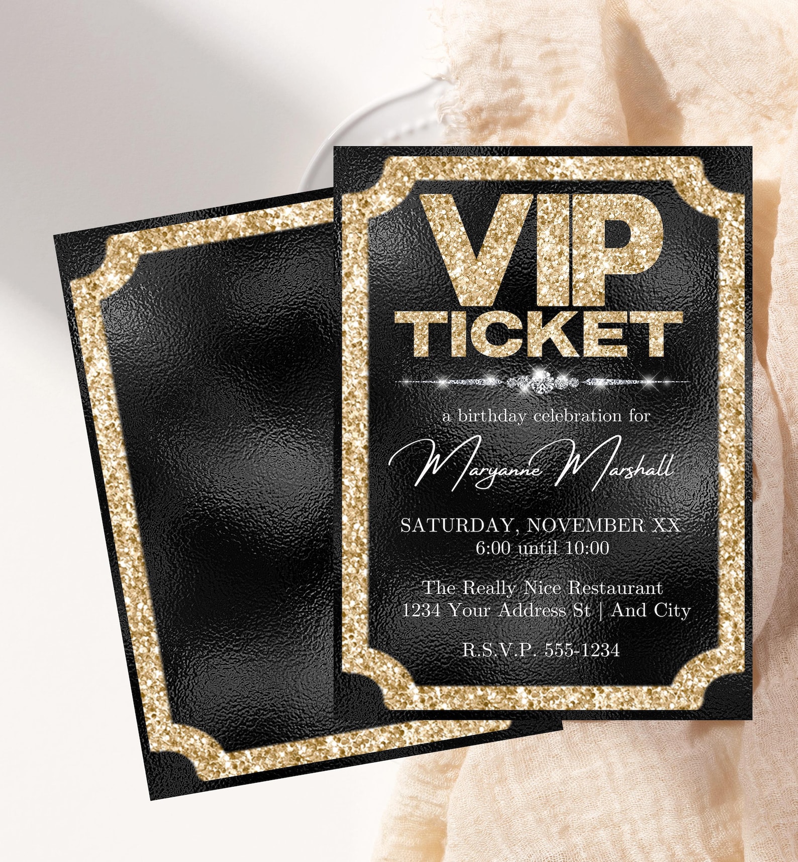 VIP Ticket Party Invitation on Black With Gold Glitter and Diamonds | Printable Canva Template ...