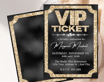 VIP Ticket Party Invitation on Silver With Gold Glitter and Diamonds - Etsy
