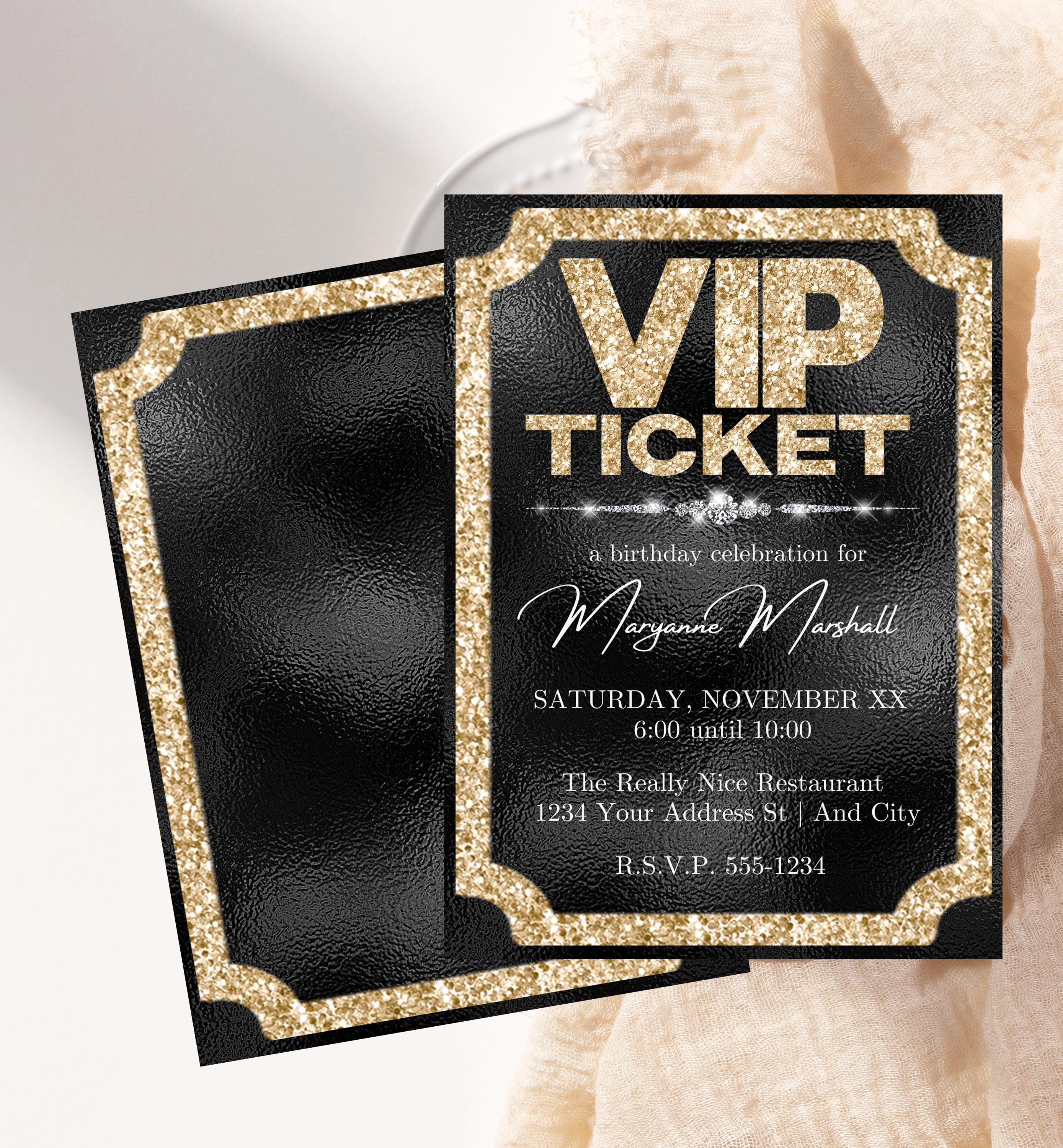 VIP Ticket Party Invitation on Black With Gold Glitter and Diamonds ...