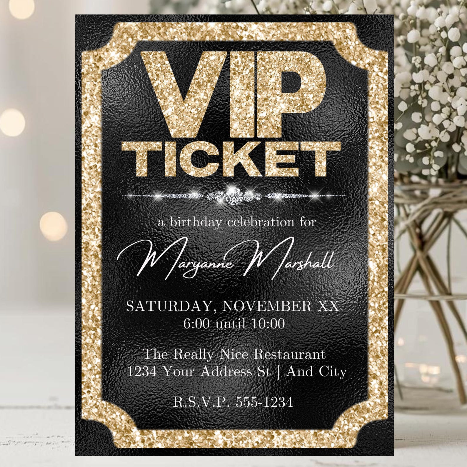 VIP Ticket Party Invitation on Black With Gold Glitter and Diamonds ...