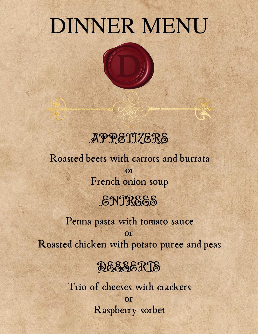 Medieval Dinner Menu on Rustic Parchment Paper Pattern With Custom Wax ...