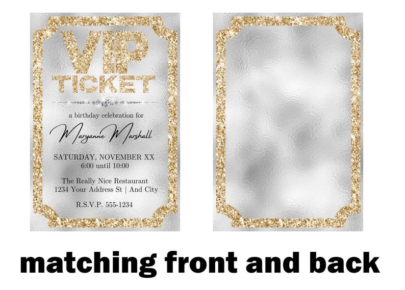 VIP Ticket Party Invitation on Silver With Gold Glitter and Diamonds - Etsy