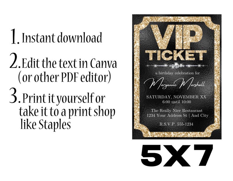 VIP Ticket Party Invitation on Black With Gold Glitter and Diamonds ...