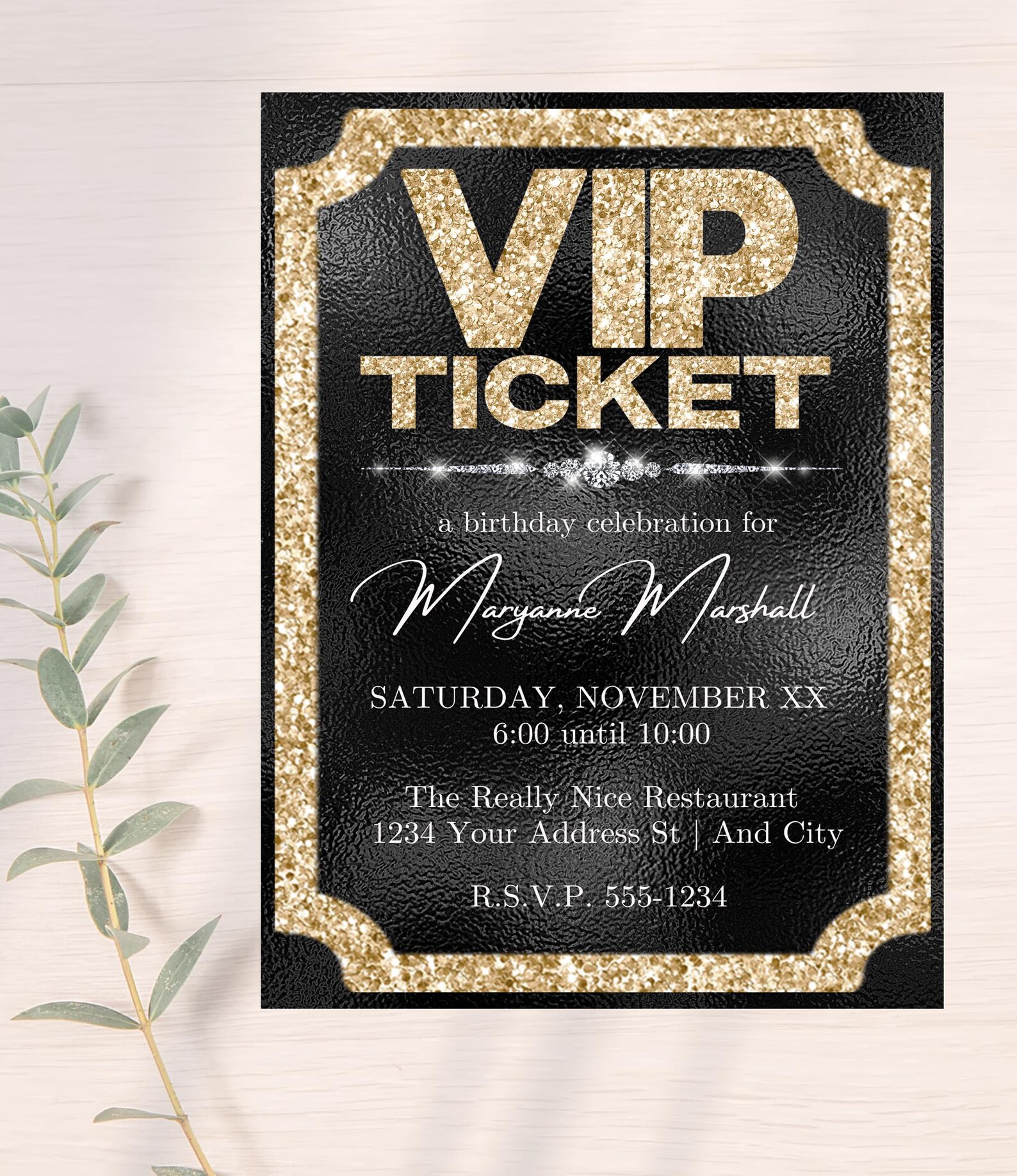 VIP Ticket Party Invitation on Black With Gold Glitter and Diamonds ...