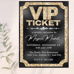 VIP Ticket Party Invitation on Black With Gold Glitter and Diamonds ...