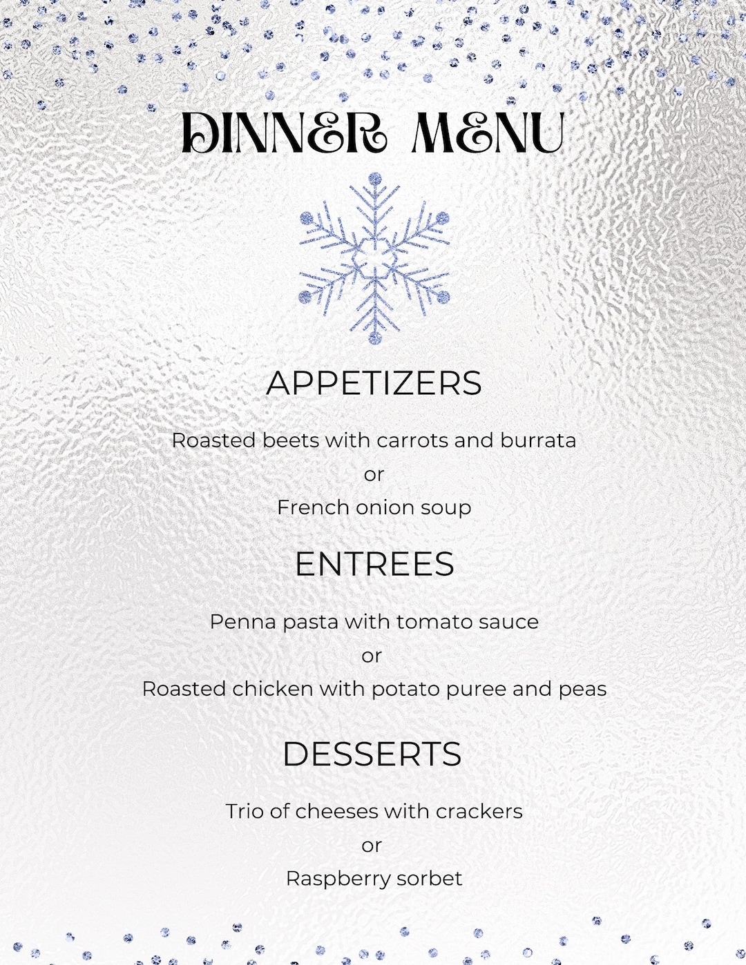 Winter Themed Dinner Menu With Silver Gradient and Blue Glitter ...