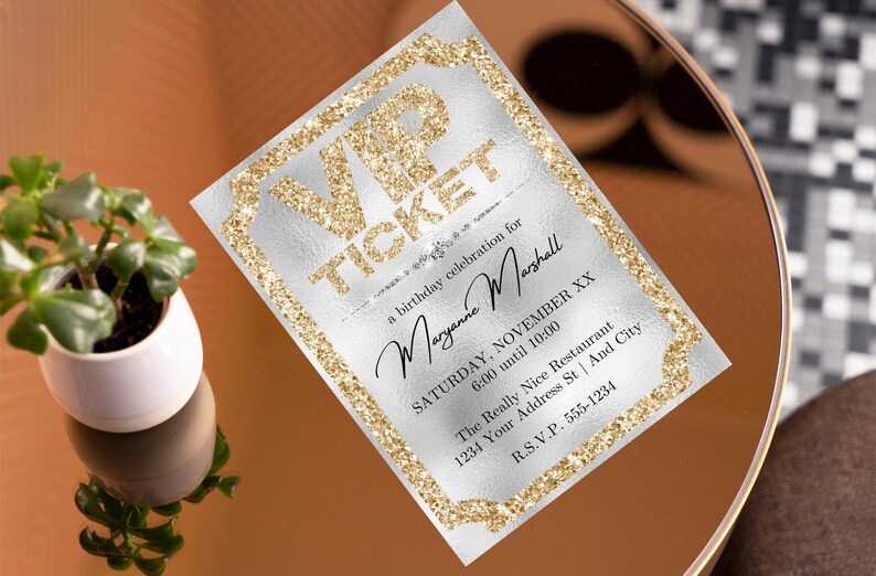 VIP Ticket Party Invitation on Silver With Gold Glitter and Diamonds - Etsy