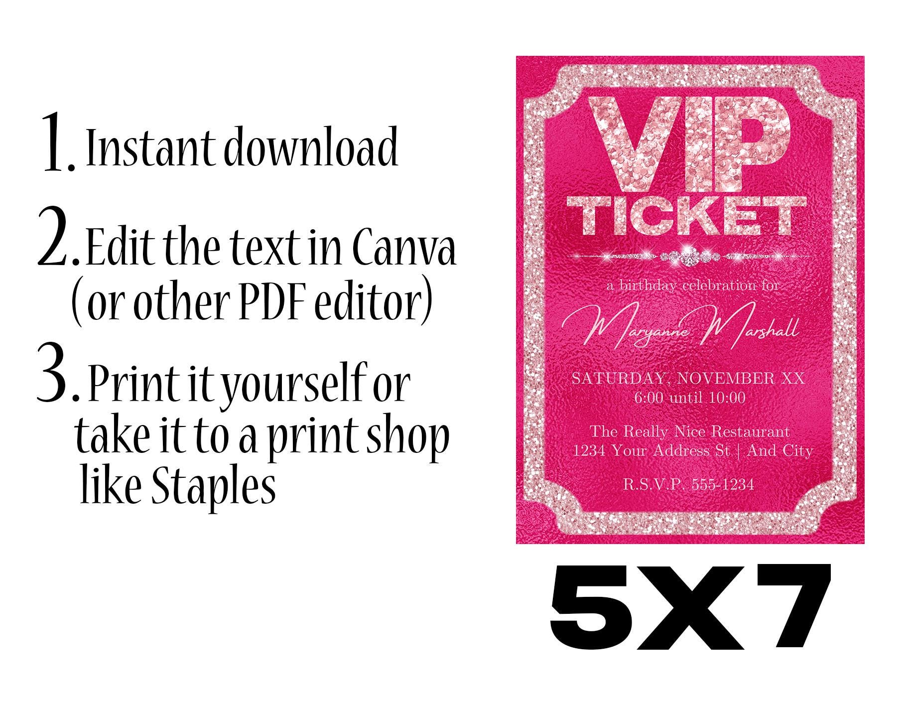 VIP Ticket Party Invitation With Pink Glitter and Diamonds, Instant ...
