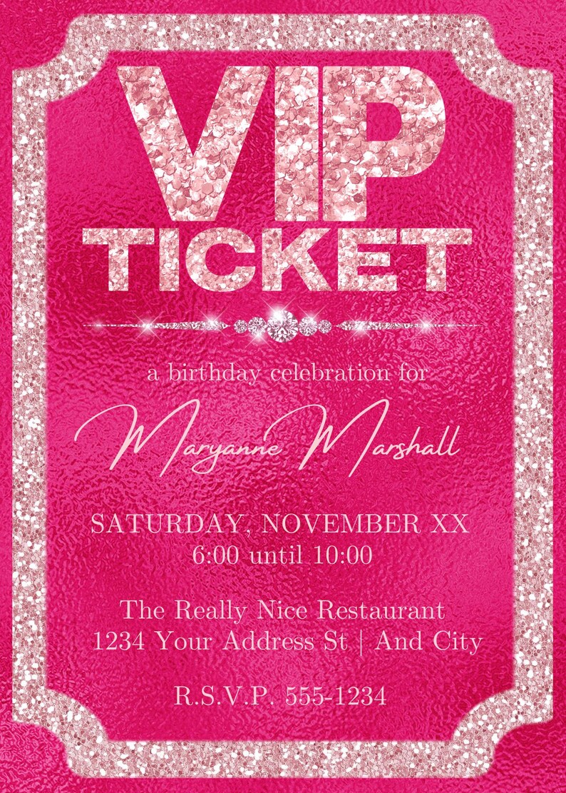 VIP Ticket Party Invitation With Pink Glitter and Diamonds, Instant ...