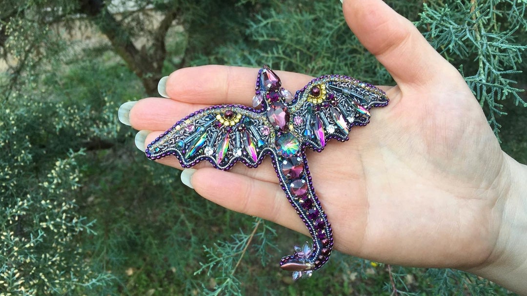 Handmade Purple Dragon Brooch | Crystal Fantasy Jewelry | Beaded ...
