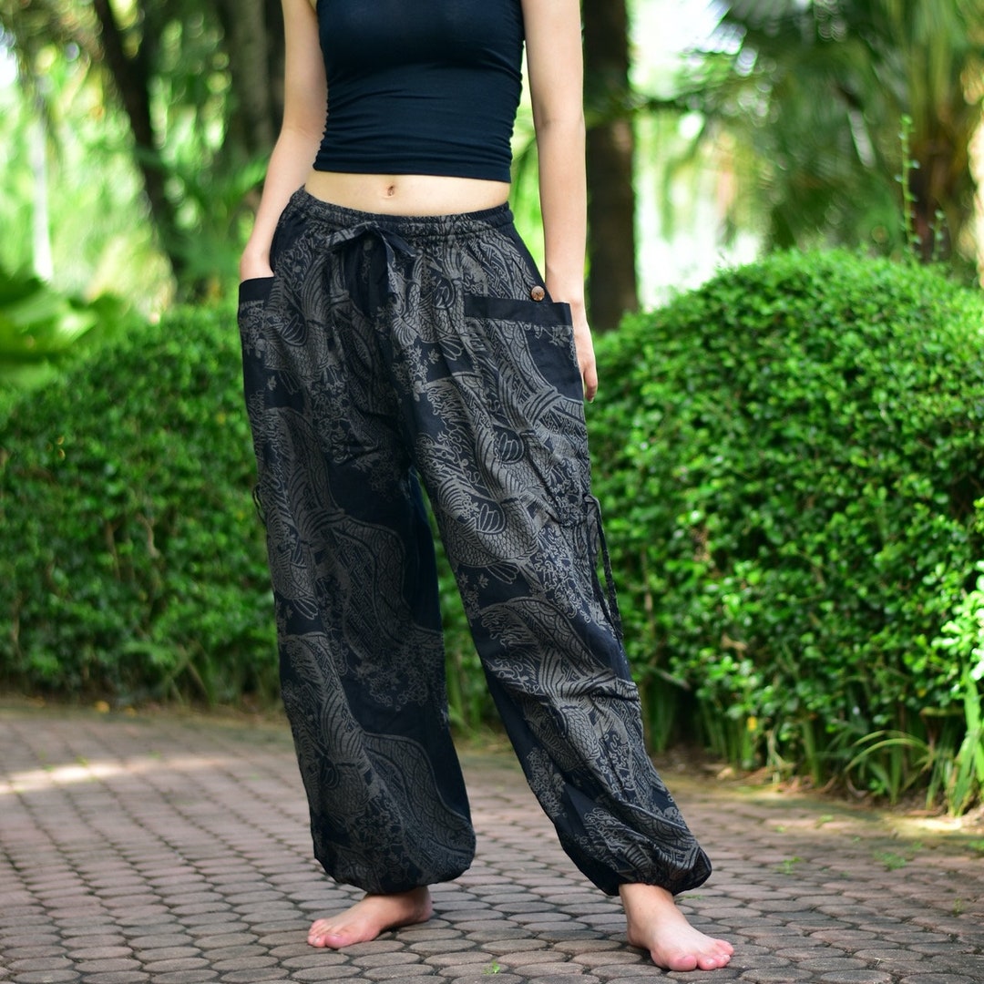 Black Arowana Harem Pants Tie Waist and Side, Casual Pants, Trousers ...