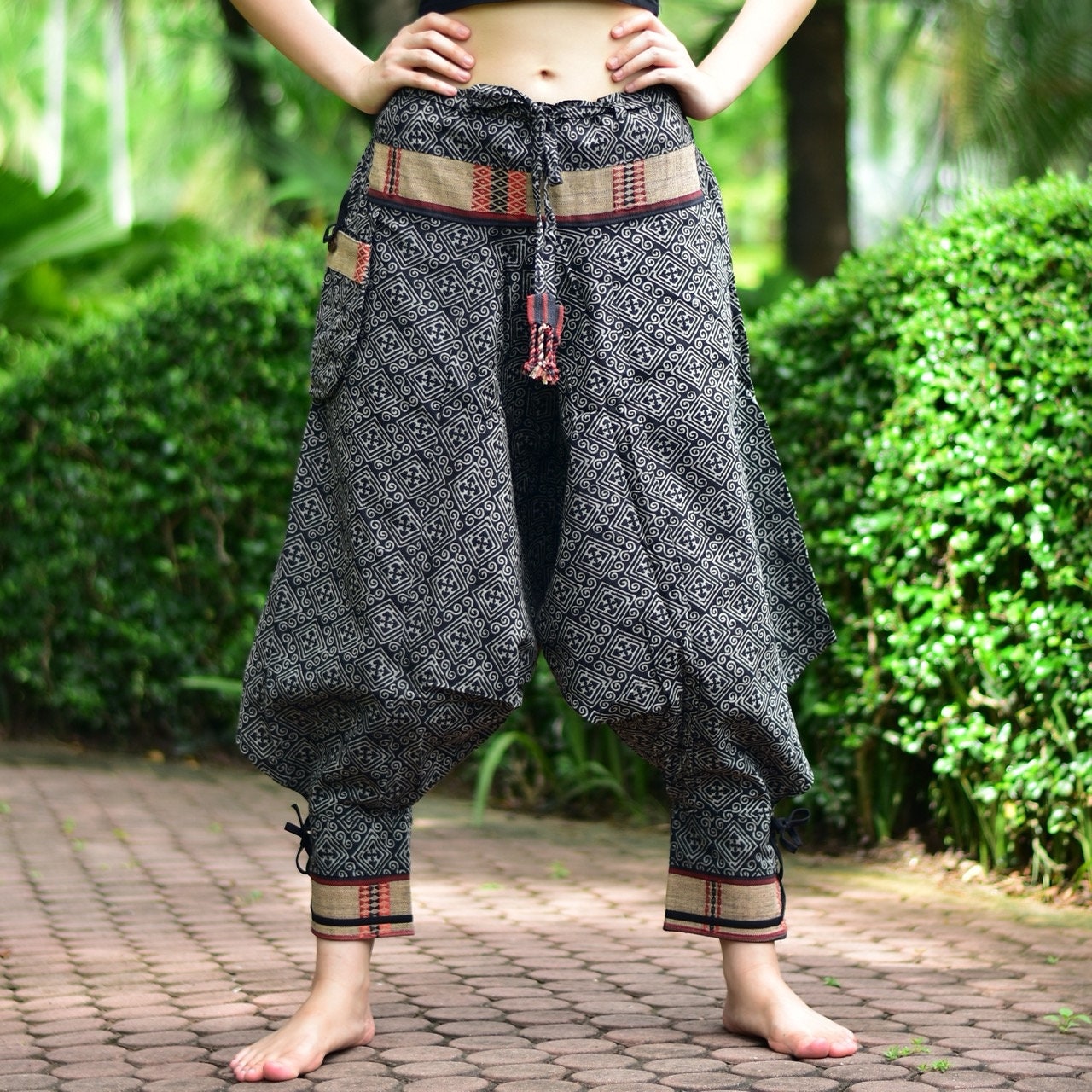 Black Hmong Thai Pattern Cotton Harem Pants, Unisex Tribal Trousers - Etsy