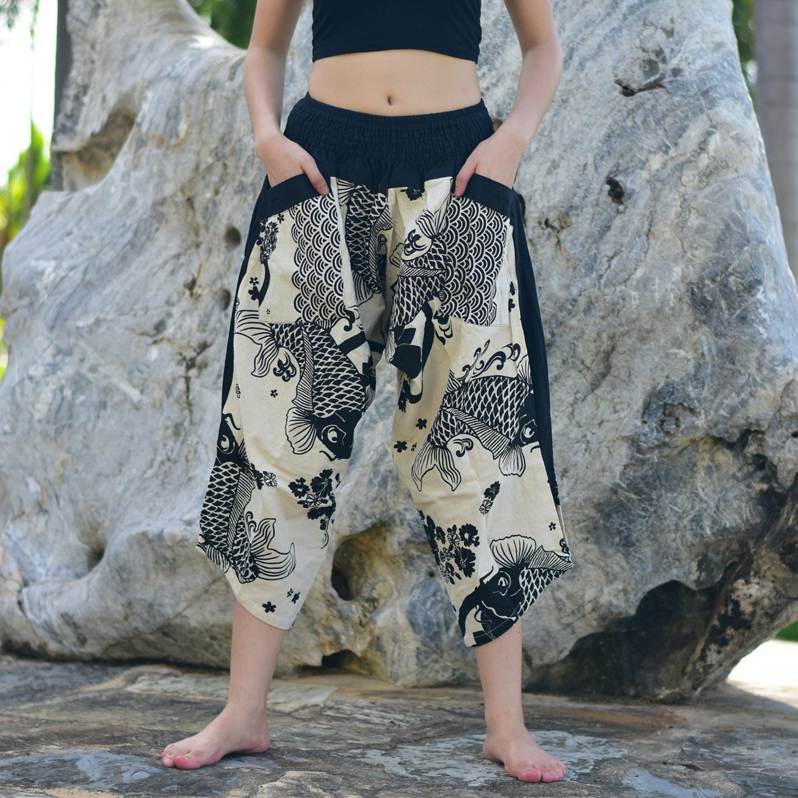 White Koi Fish Samurai Pants, Cotton Harem Trousers, Unisex Bohemian ...