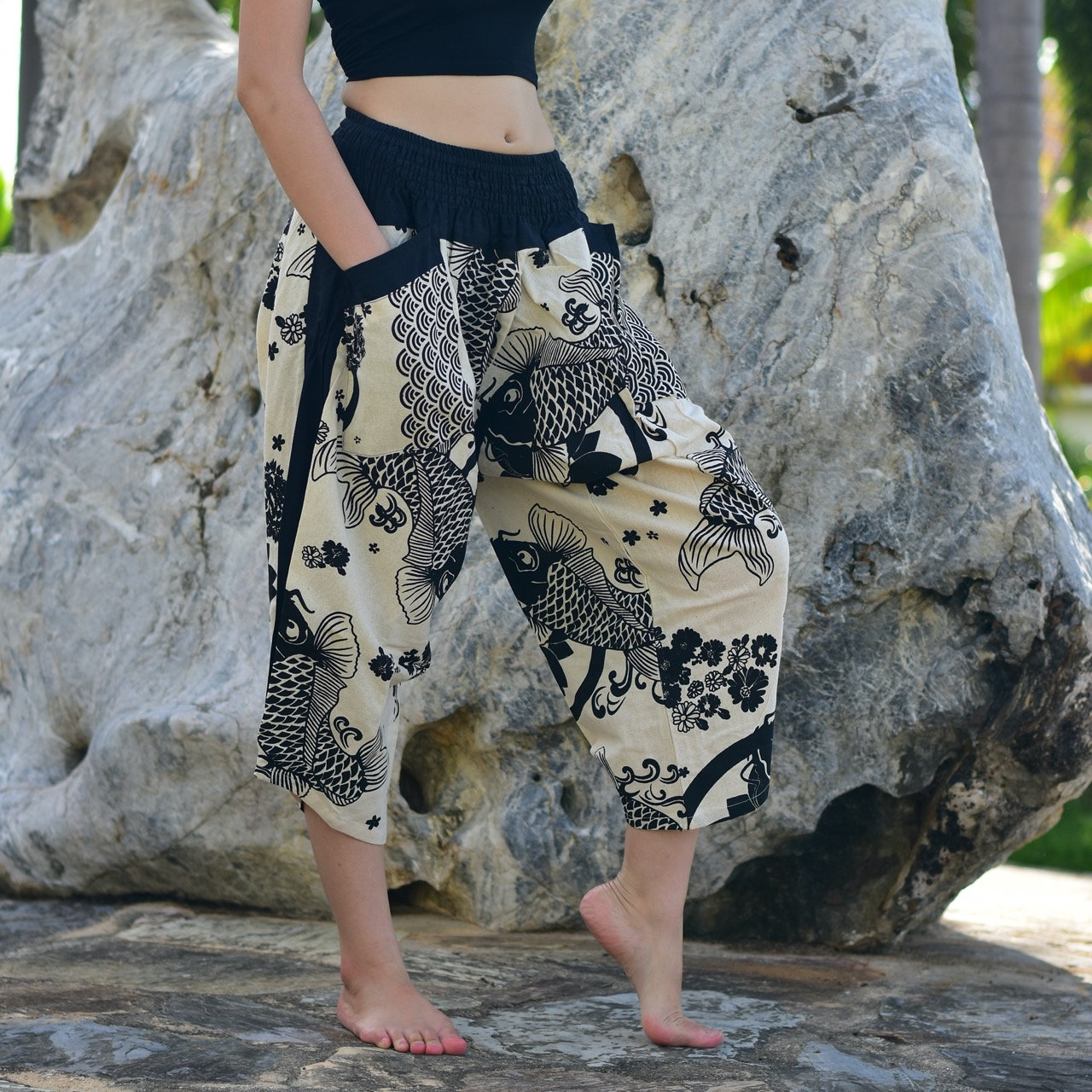 White Koi Fish Samurai Pants, Cotton Harem Trousers, Unisex Bohemian ...
