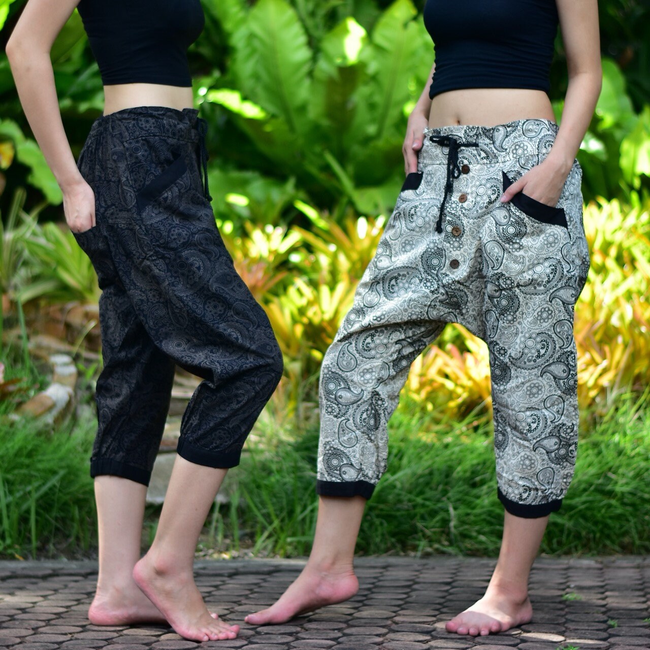 Bundle Black and White Paisley Printed Design Capri Hammer Pants, Harem ...