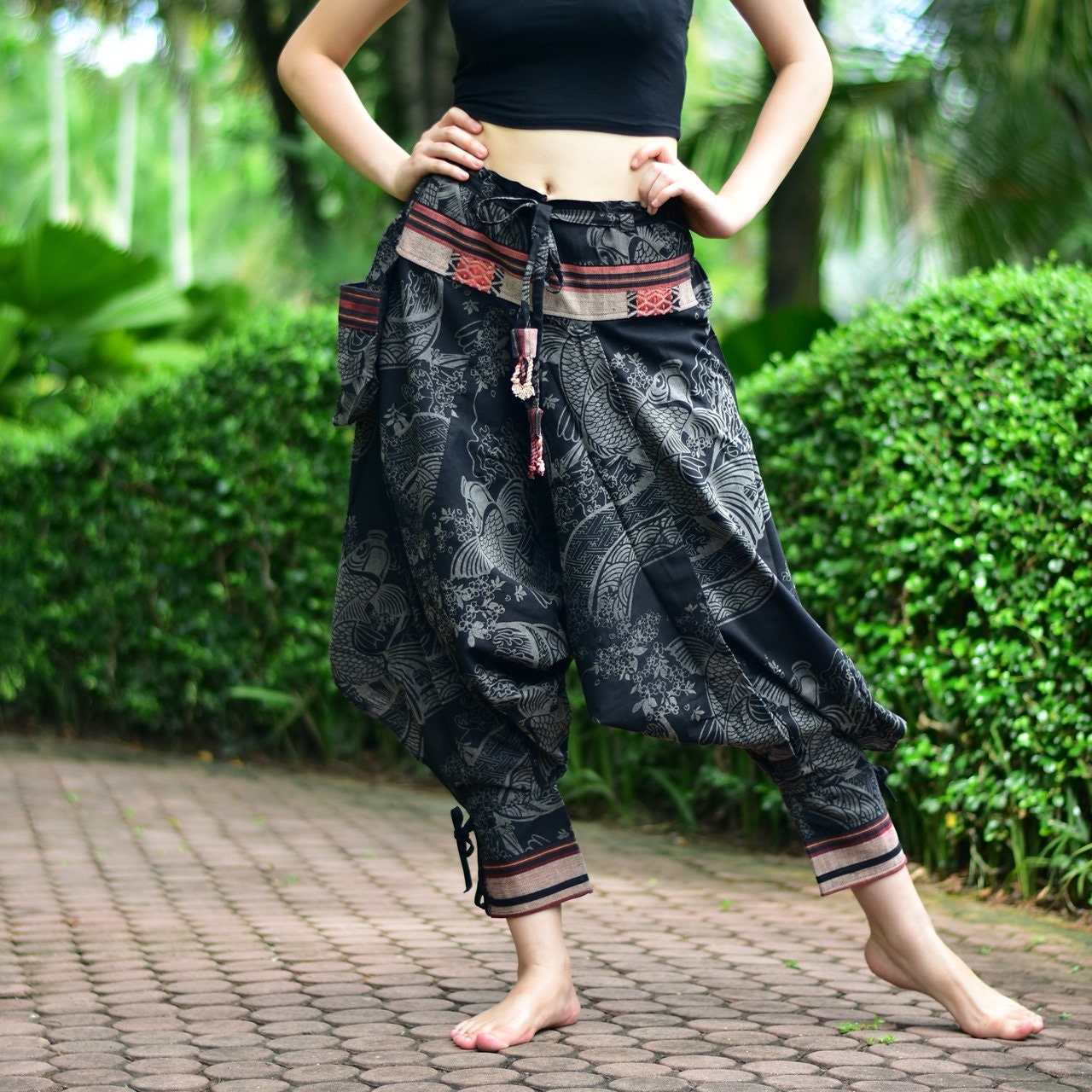 Black Arowana Tribal Hmong Cotton Pants, Unisex Thai Harem Style - Etsy