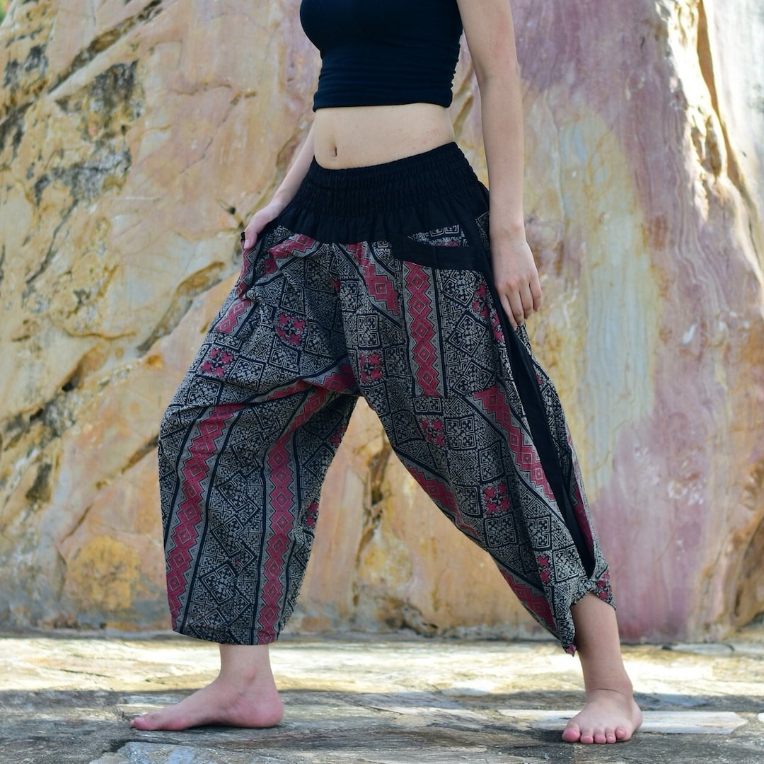 Thai Traditional Pattern Samurai Pants, Cotton Harem Trousers, Unisex ...