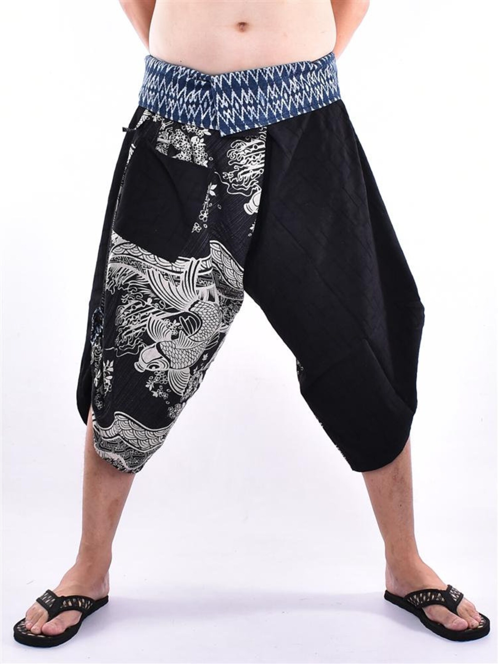 Arowana Print Cotton Samurai Pants, Tie Waist Wide Leg Fisherman Pants ...