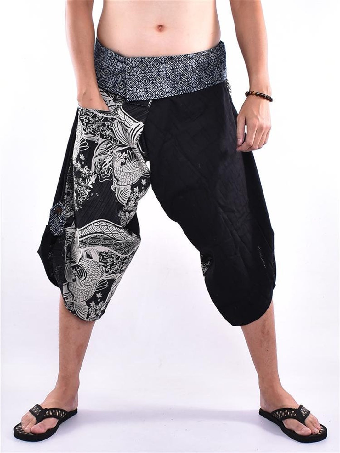 Black Dragon Fishes Printed Cotton Samurai Pants,tie Waist Pants, Leg ...
