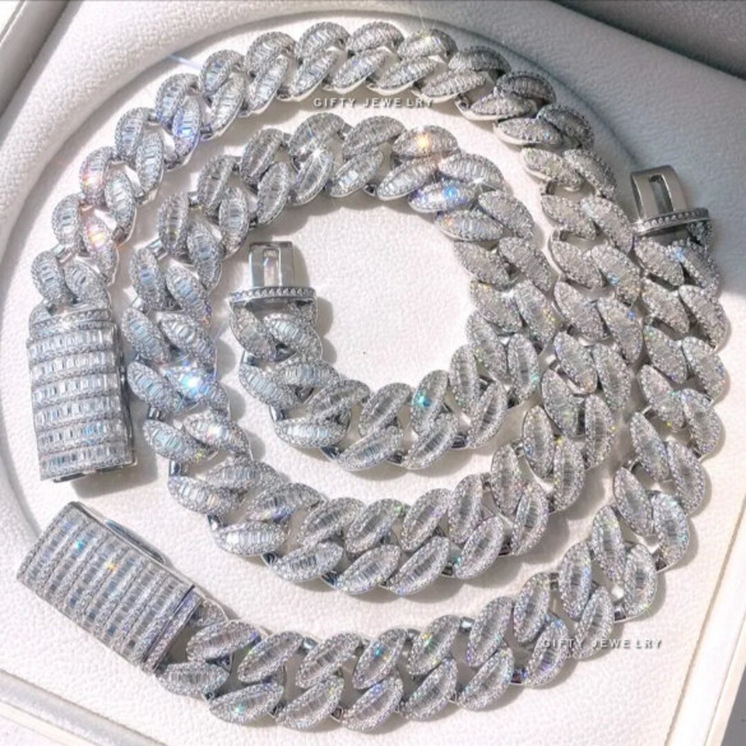 18mm Baguette Diamond Cuban Chain VVS Moissanite Cuban Chain Prong Hip ...