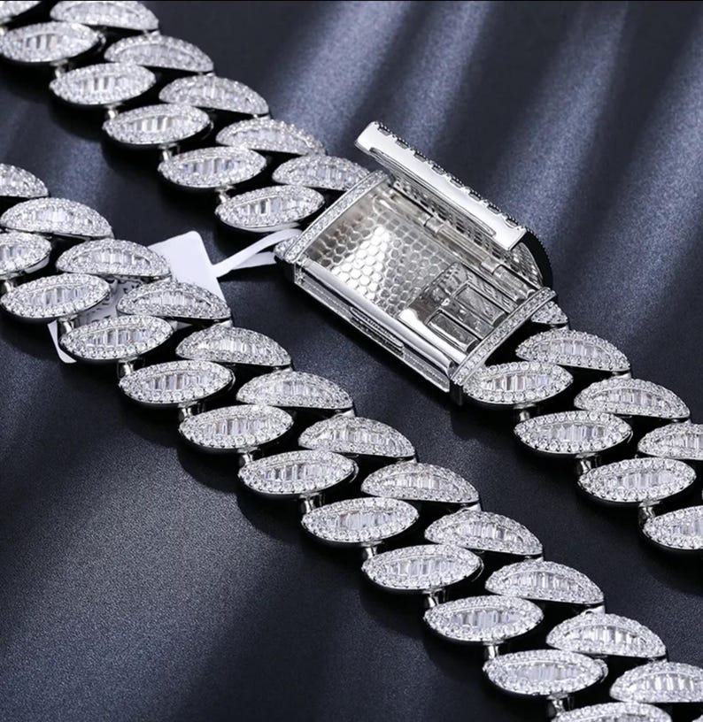 Iced Out Moissanite Chain, 20MM Baguette Cut Prong Hip-hop VVS Miami ...