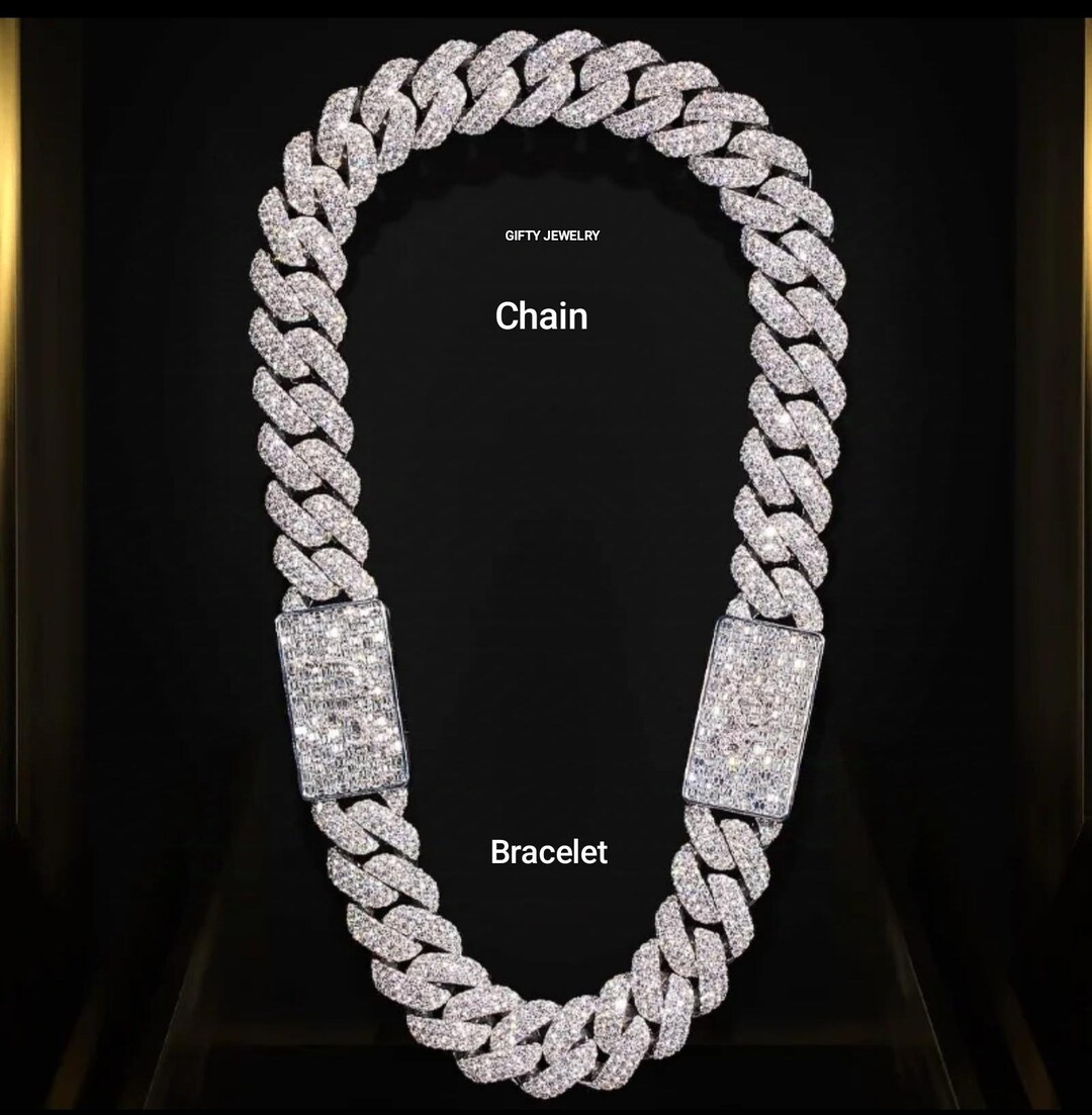 20MM Diamond Cuban Chain and Bracelet 2 in 1 Heavy Solid 925 Sterling ...