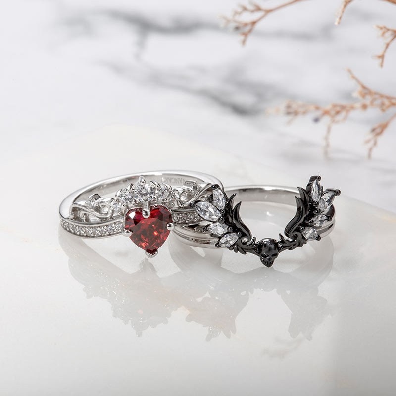 Skull Ring Set With Black Wing and Heart Stone Engagement Ring - Etsy